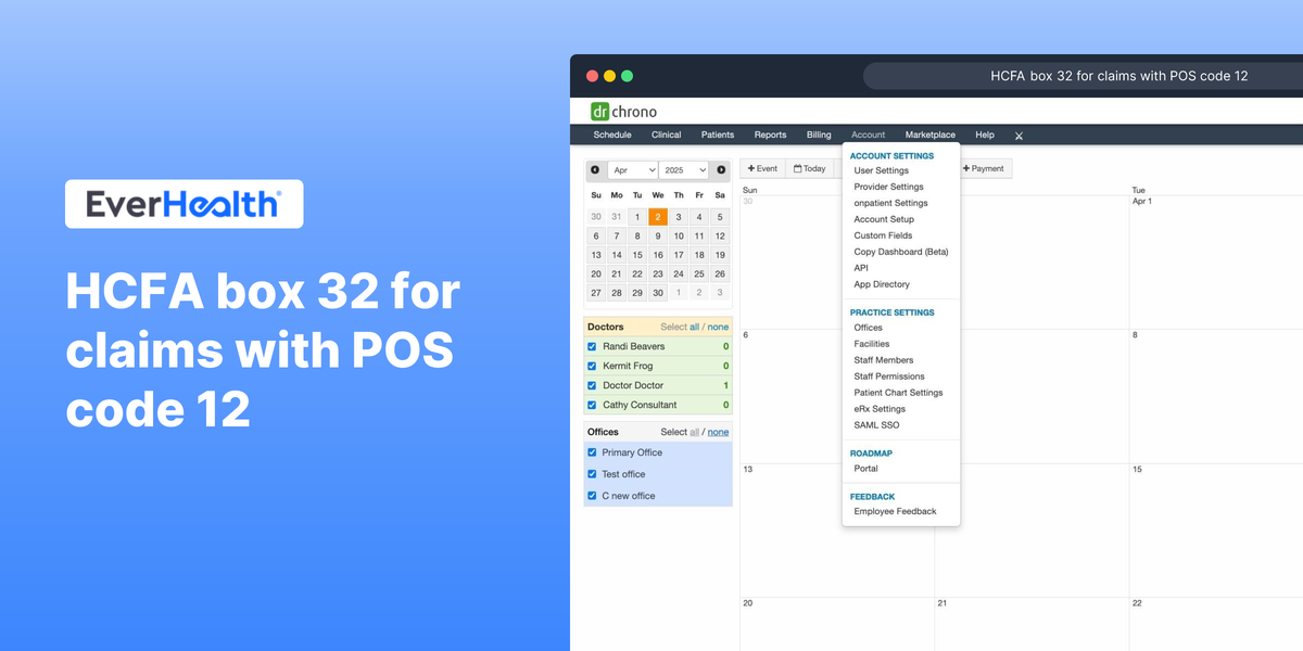 HCFA box 32 for claims with POS code 12