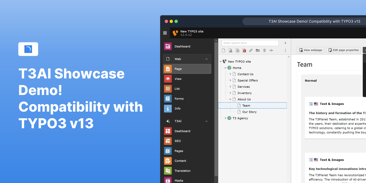 T3AI Showcase Demo! Compatibility with TYPO3 v13